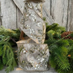 4" Champagne Gold Sequin Ribbon, 4 Inch Wired Christmas Ribbon ...