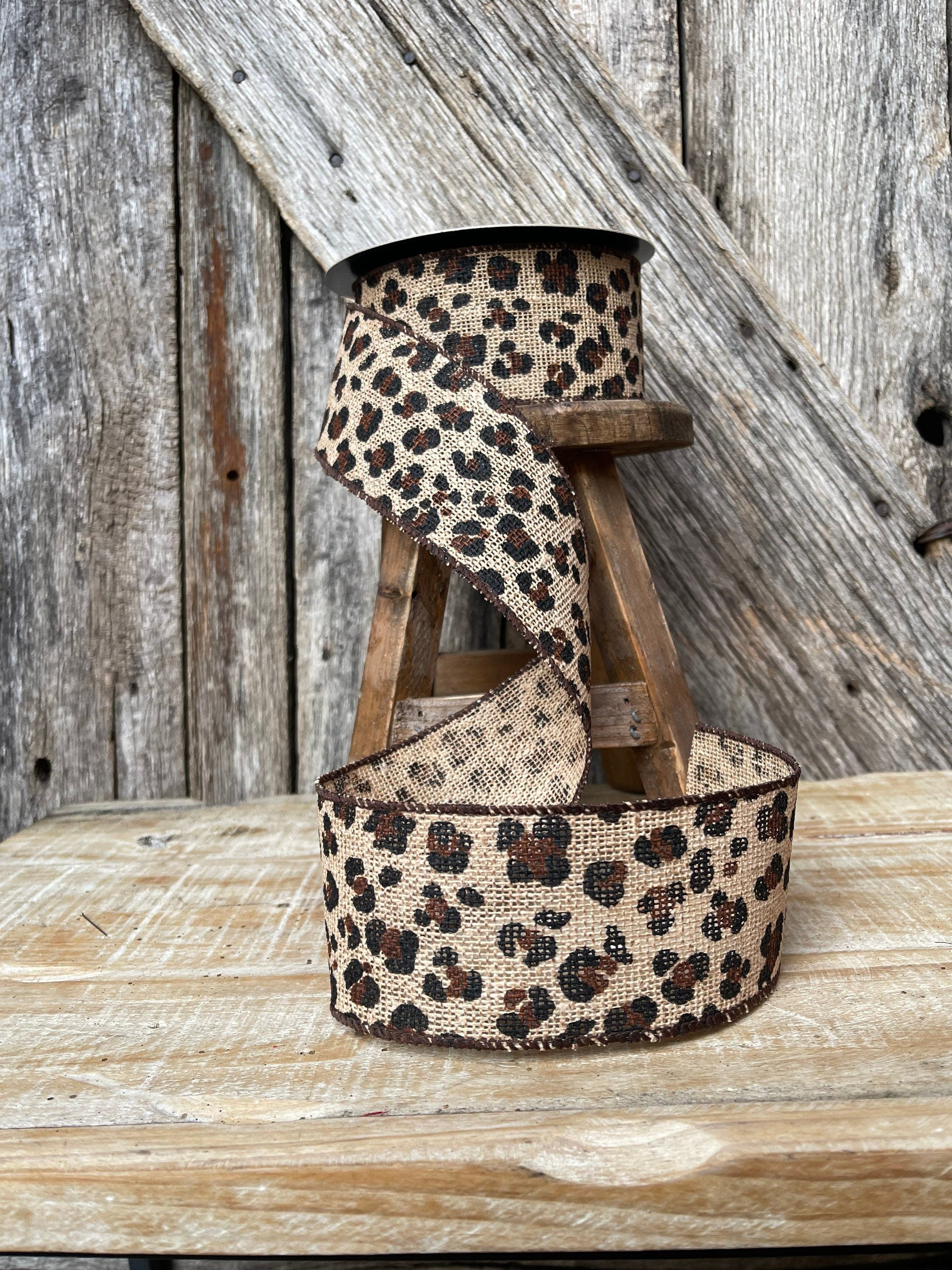 Leopard ribbon, burlap leopard ribbon, wired ribbon, 2.5 inch ribbon ...