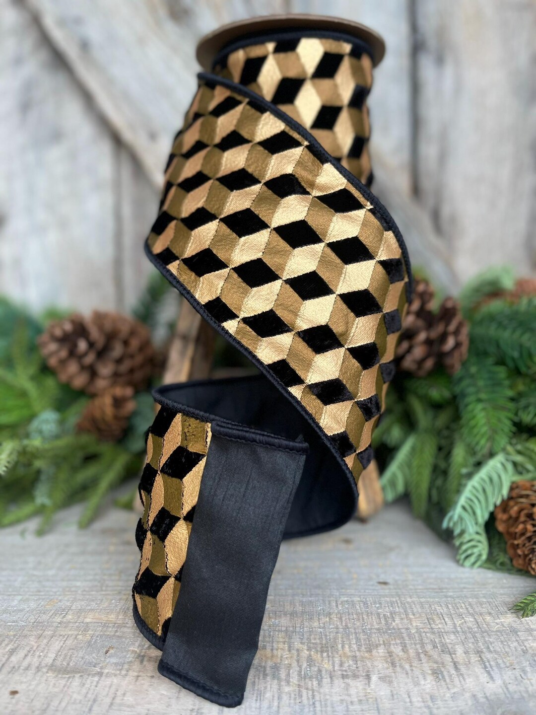 4" Black Gold Geometric Velvet Ribbon, Christmas Tree Ribbon Black Gold ...