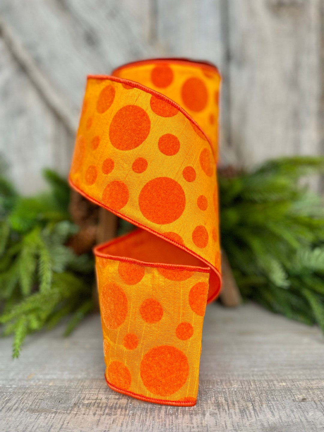 4" Orange Retro Dot, Farrisilk Ribbon, Flocked Ribbon, Halloween Ribbon ...