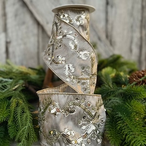 4" Champagne Gold Sequin Ribbon, 4 Inch Wired Christmas Ribbon ...