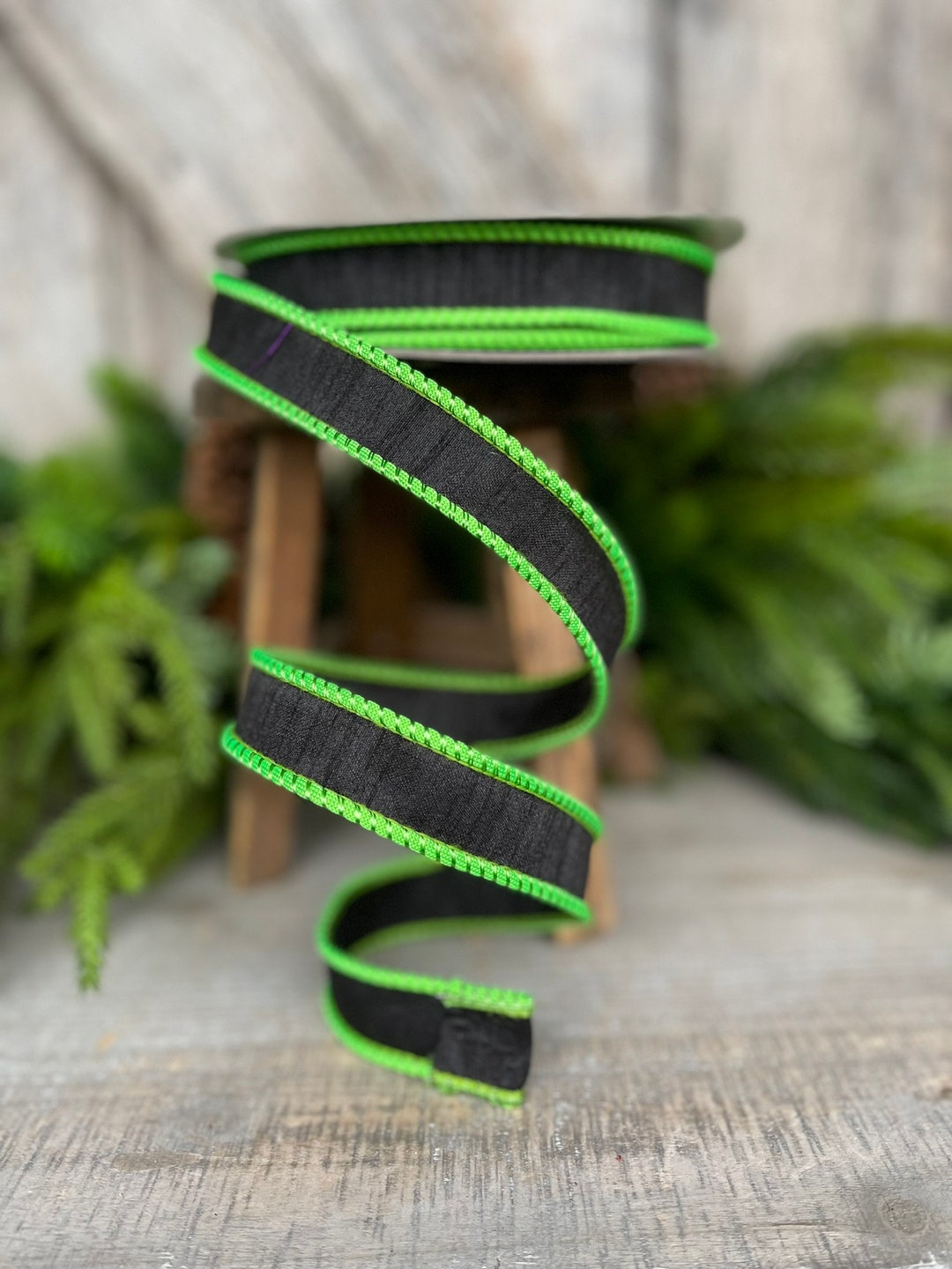 1" Black Lime Green Corded Ribbon, Farrisilk Ribbon, Wired Ribbon ...