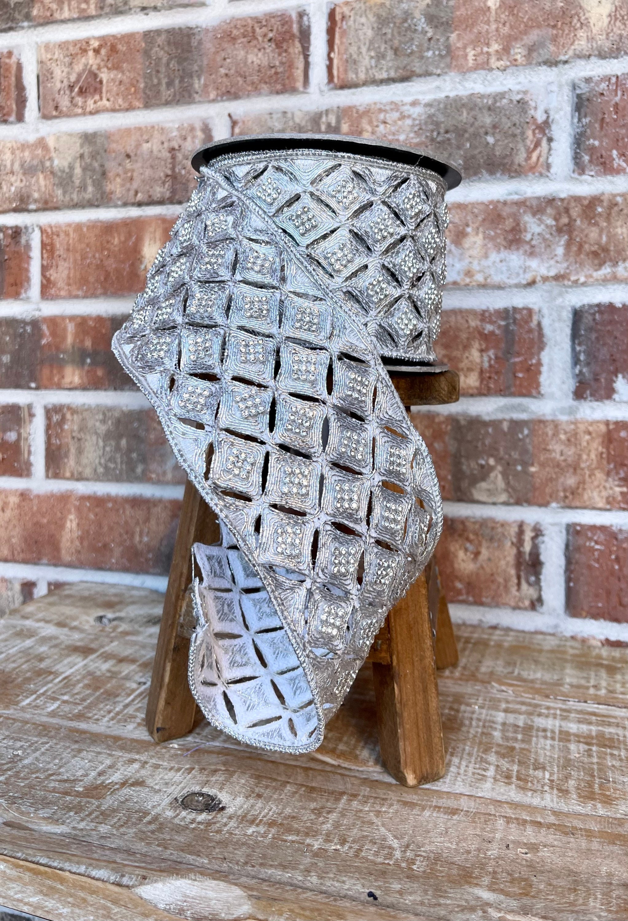 Jeweled ribbon, farrisilk ribbon, silver jeweled ribbon, 4 inch ribbon ...