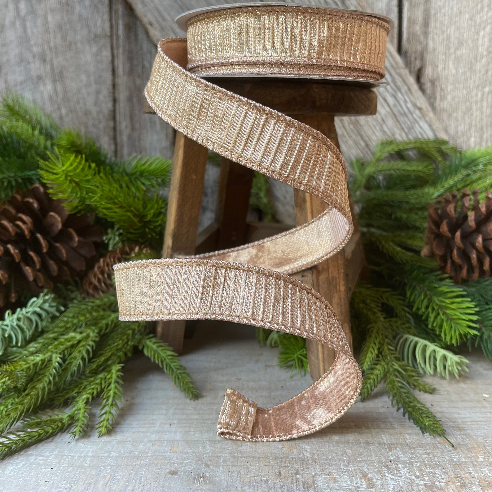 1 Rose Gold Pleated Metallic Ribbon, Farrisilk Ribbon, Wired Ribbon ...