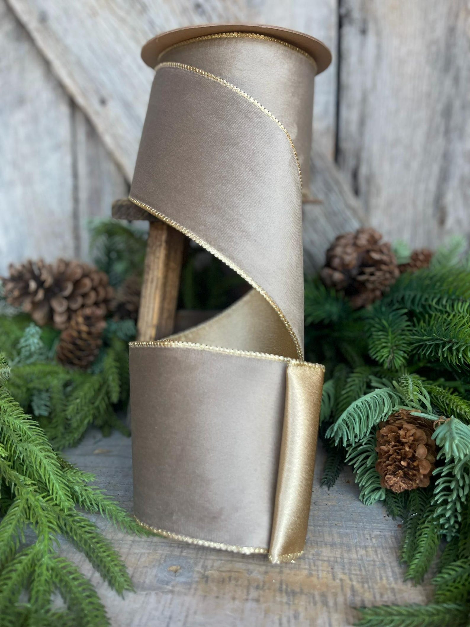 4" Mink Brown Velvet Ribbon, Wired Ribbon, Champagne Gold Velvet Ribbon ...