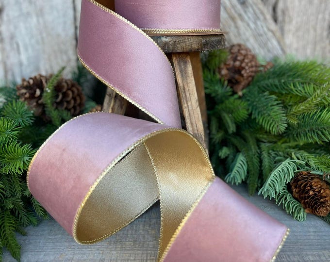 2.5 Dusty Pink Velvet Ribbon, Pink & Gold Velvet Ribbon, Wired Ribbon ...