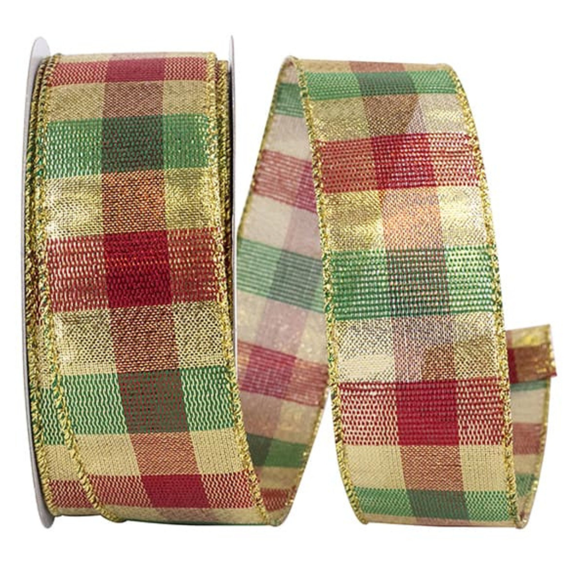 20 yards, 1.5 Metallic Christmas Check Ribbon, Wired Ribbon, Red Green ...
