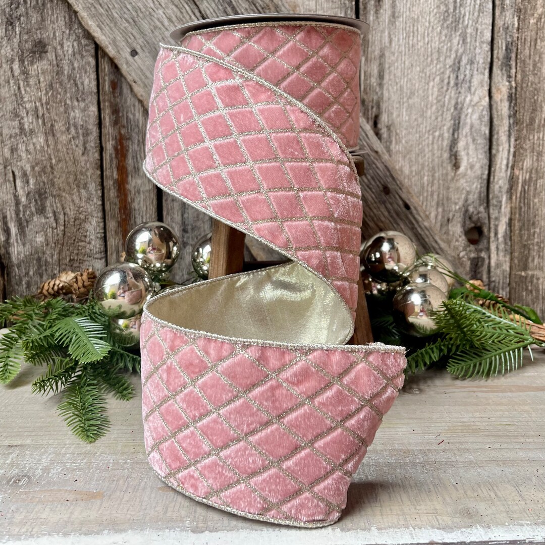 4" Pink Metallic Diamonds Velvet Ribbon, Farrisilk Ribbon, Pink Velvet ...