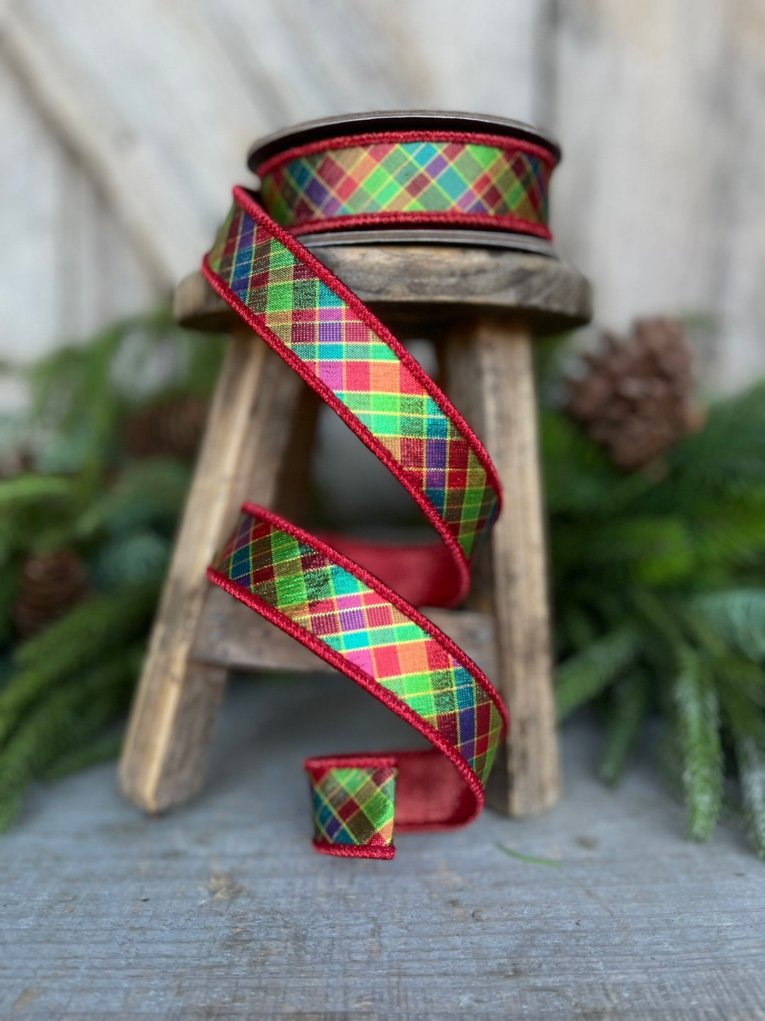 7/8" Jewel Tone Plaid Metallic Ribbon, Wired Ribbon, Christmas Ribbon ...