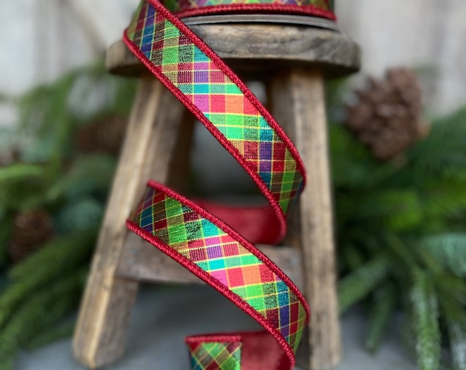 7/8" Jewel Tone Plaid Metallic Ribbon, Wired Ribbon, Christmas Ribbon ...