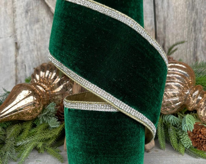 4" Emerald Green Velvet Ribbonn, Farrisilk Ribbon, Winter Diamonds ...