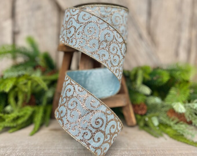 2.5" Blue Scroll Ribbon, Farrisilk Ribbon, Blue and Gold Ribbon, Scroll ...