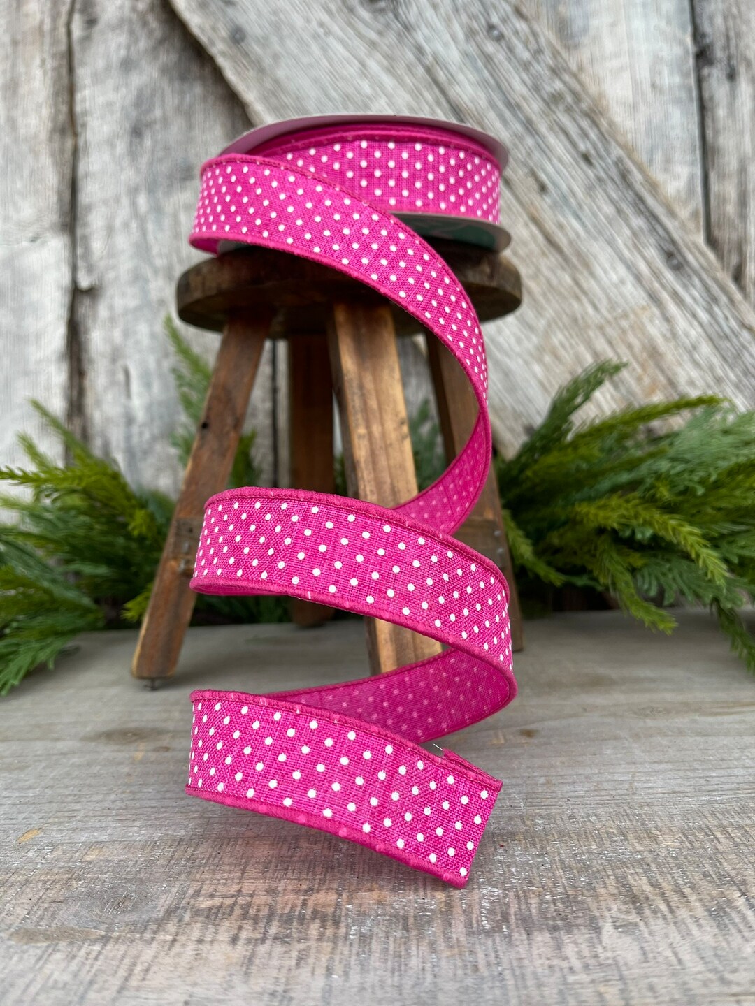 7/8" Hot Pink Ribbon, Hot Pink Swiss Dots Ribbon, Narrow Ribbon, Wired ...