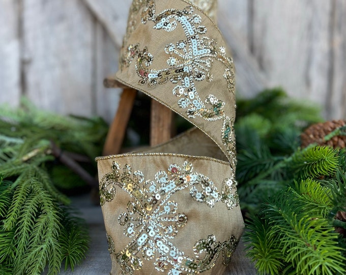 4" Gold Sequin Ribbon, 4 Inch Wired Christmas Ribbon, Gold Sequin ...