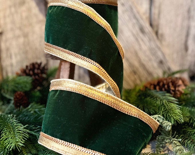 4" Emerald Green Velvet With Gold Borders, Christmas Tree Ribbon ...