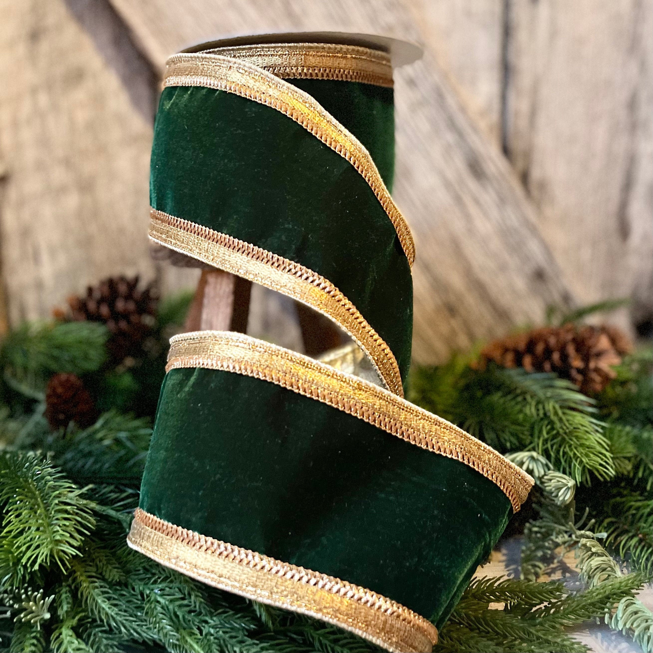 4 Emerald Green Velvet with Gold Borders, Christmas Tree Ribbon, Velvet ...