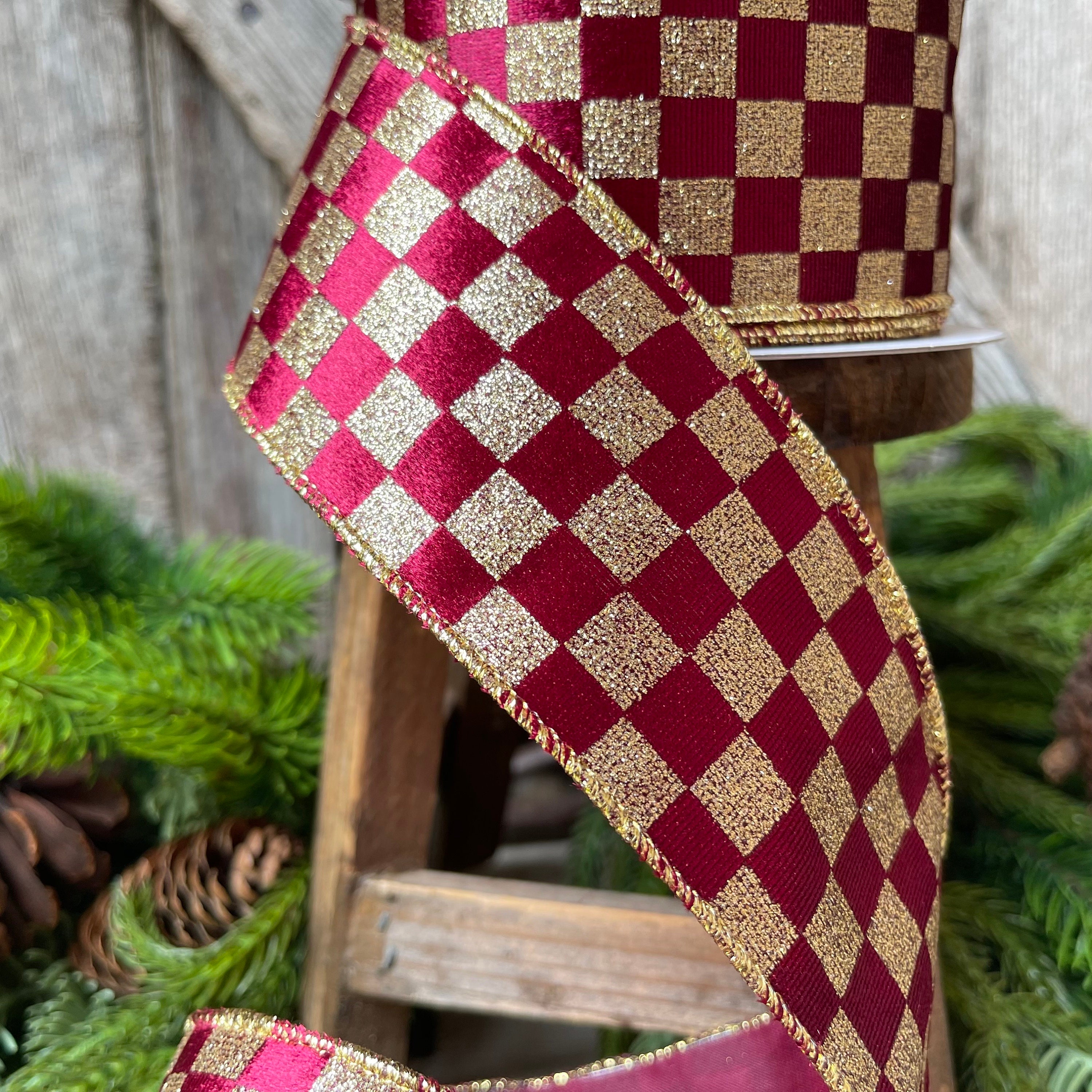 2.5 Burgundy Gold Glitter Check Wired Ribbon, Christmas Ribbon ...