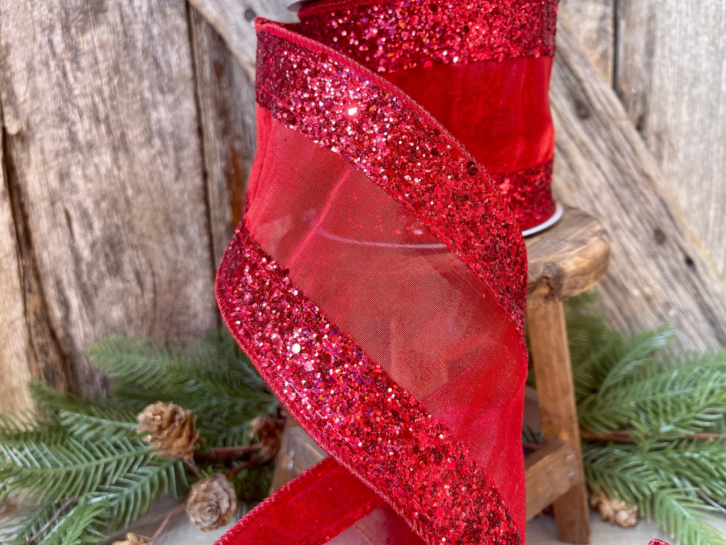 Red Chunky Glitter Borders, 4 inch red ribbon, Christmas tree ribbon ...