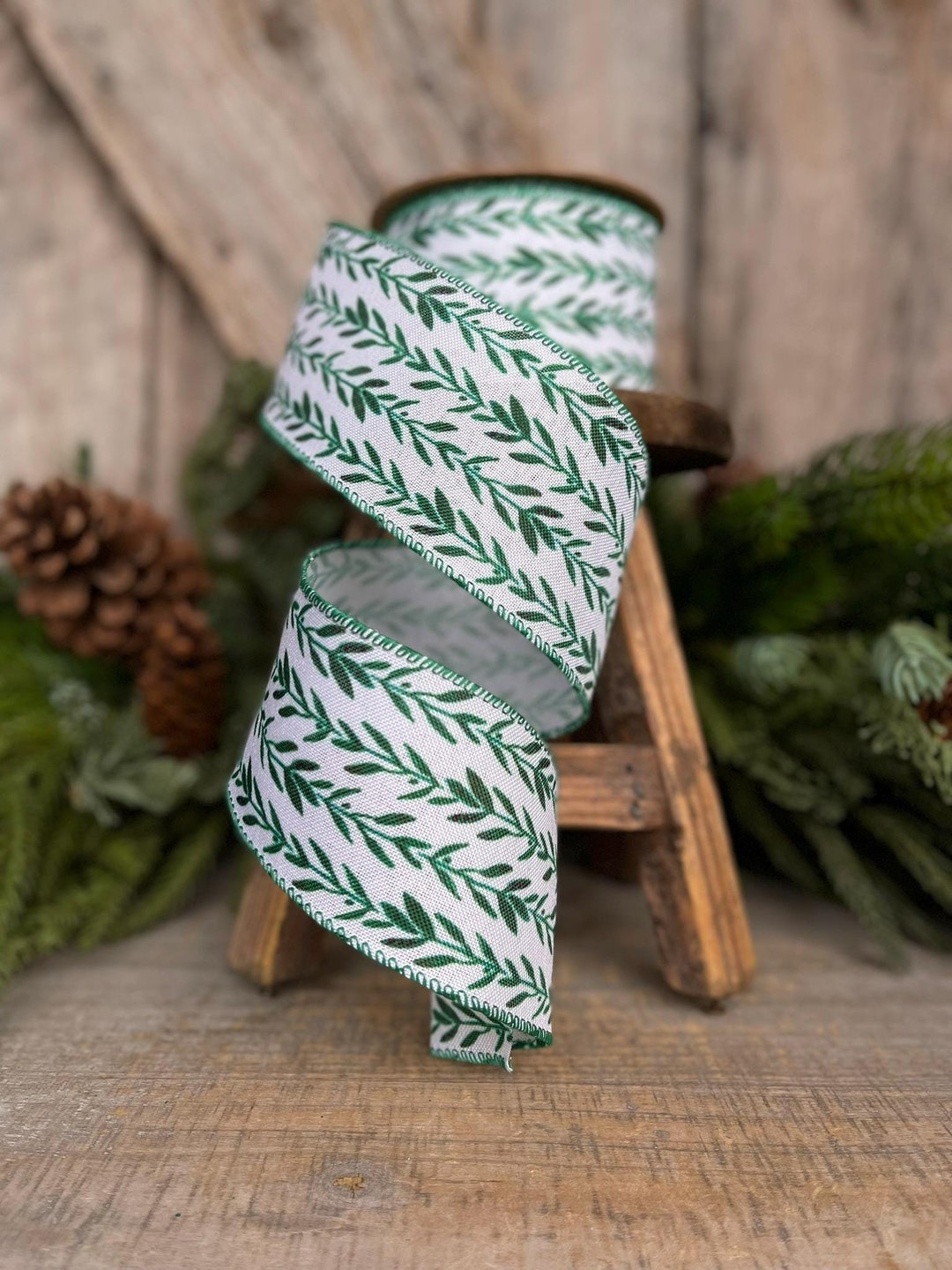 2.5" Green Leaf Ribbon, Wired Ribbon, Spring Ribbon, Wedding Ribbon ...