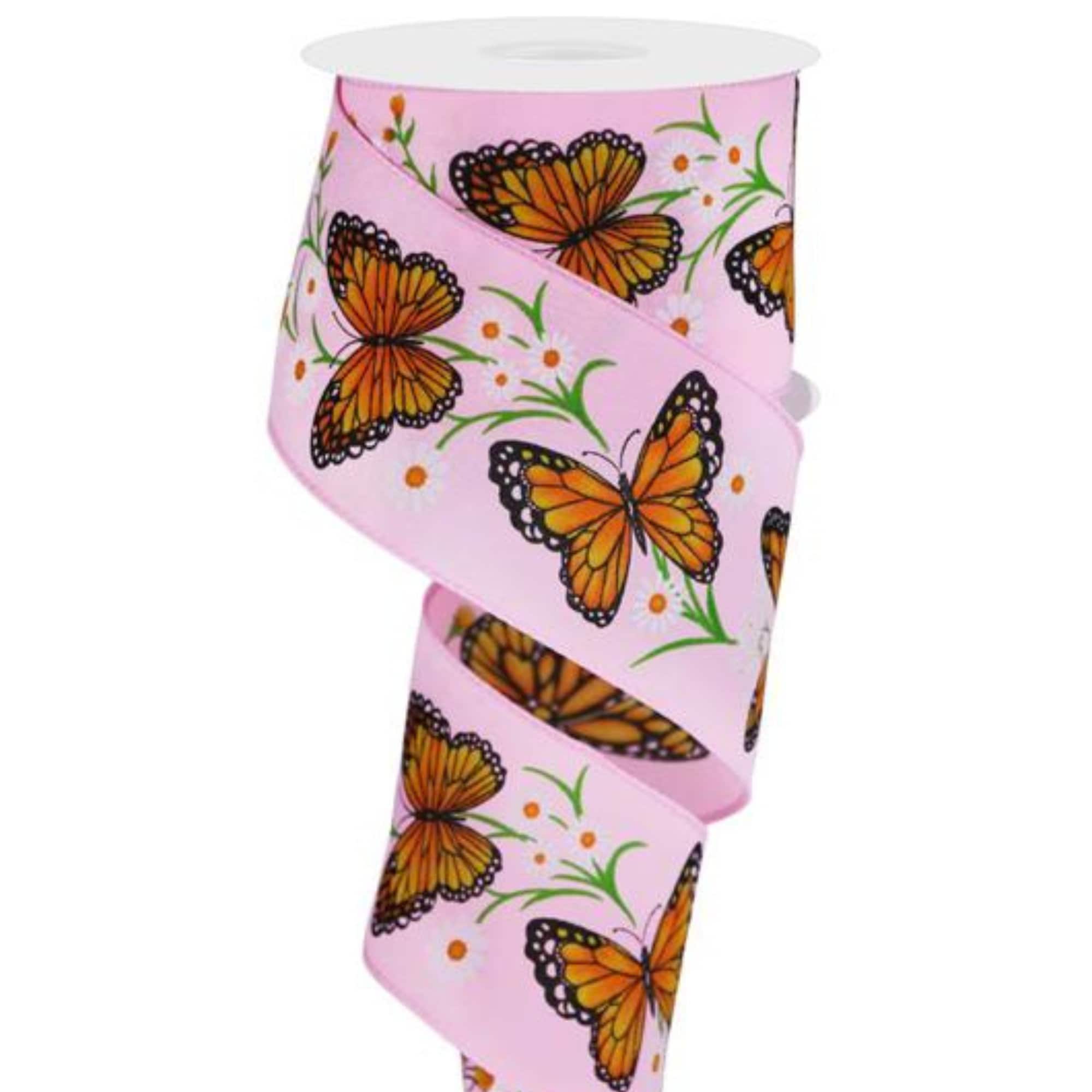 2.5 Pink Orange and Black Monarch Butterfly wired ribbon, Butterfly ...