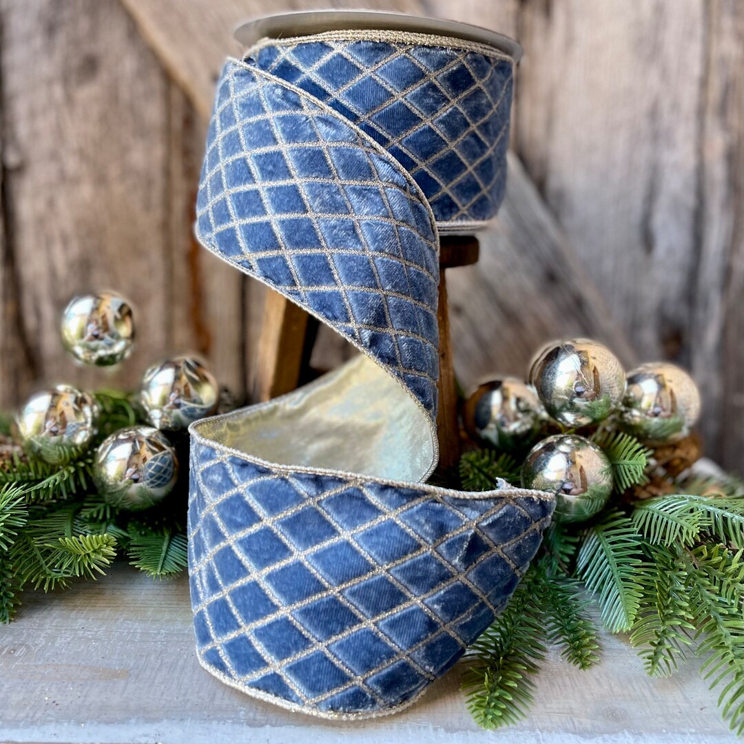 4" Steel Blue Metallic Diamonds Velvet Ribbon, Farrisilk Ribbon, BLUE ...
