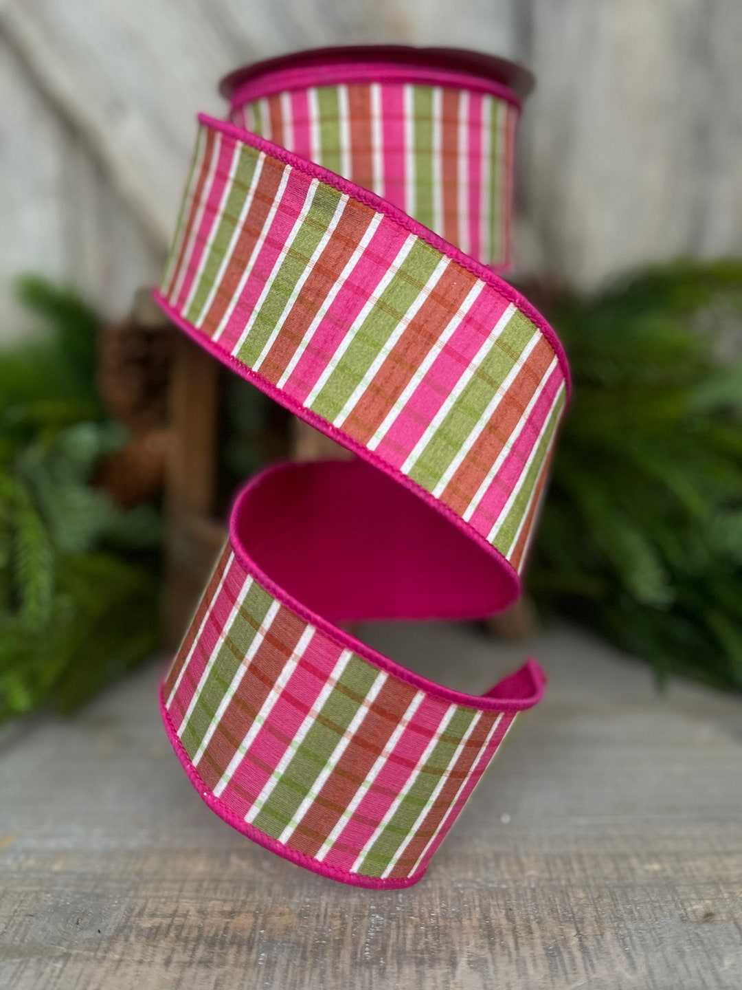 2.5" Hot Pink Green Pastel Plaid, Farrisilk Ribbon, Spring Ribbon ...