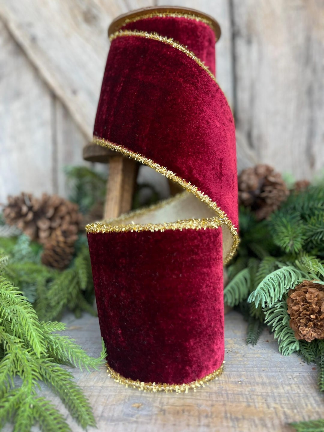 4" Burgundy Velvet Ribbon, Gold Tinsel Trim Ribbon, Christmas Tree ...