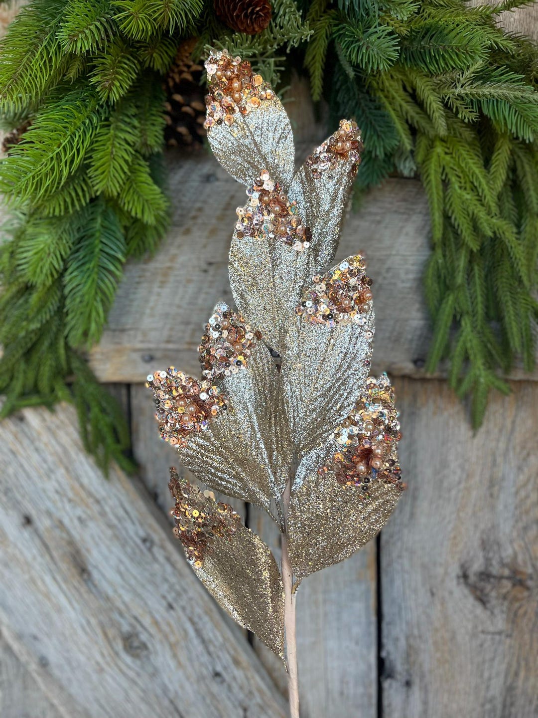 29 Champagne Gold Glitter Leaf Spray, Christmas Spray, Christmas Tree ...