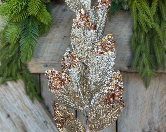 29" Champagne Gold Glitter Leaf Spray, Christmas Spray, Christmas Tree ...