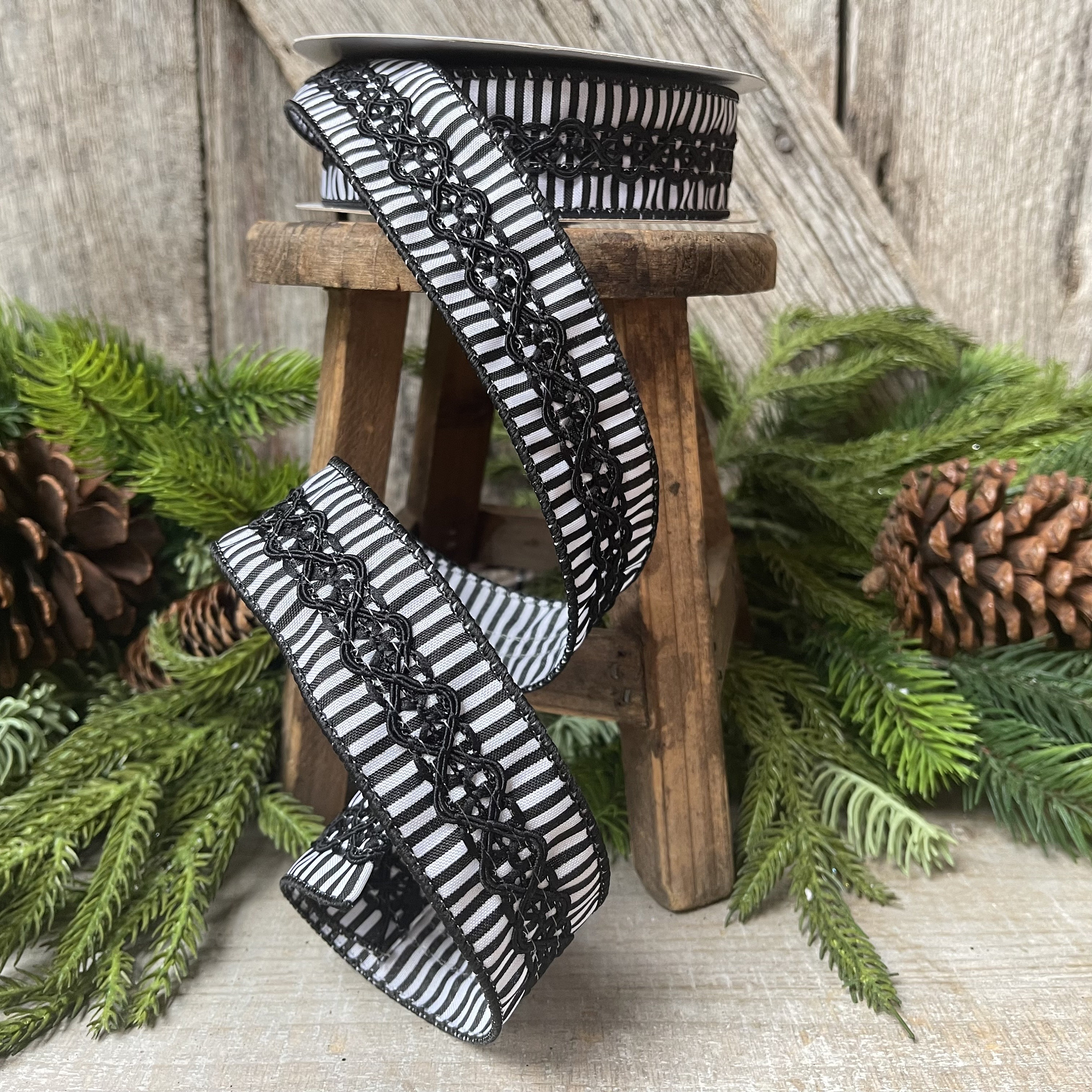 1.5 Black and White corded wired ribbon, Halloween Ribbon, designer ...