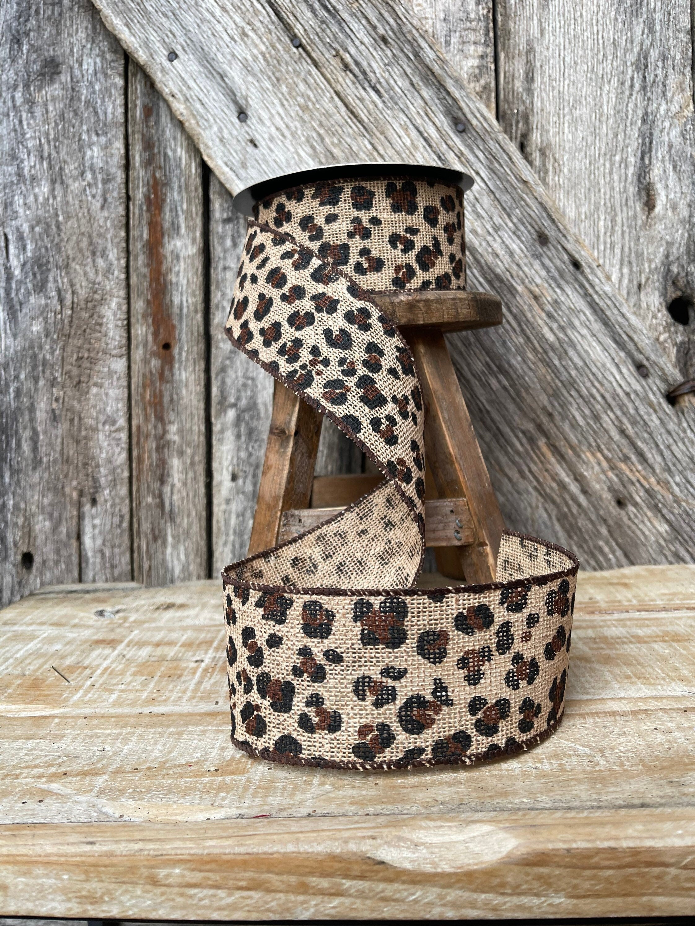 Leopard ribbon, burlap leopard ribbon, wired ribbon, 2.5 inch ribbon ...