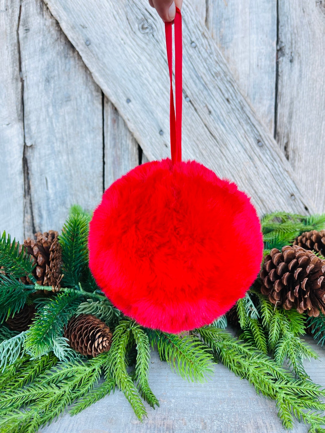 6" Red Faux Fur Christmas Ornament, Red Fuzzy Ball Ornament, Red ...