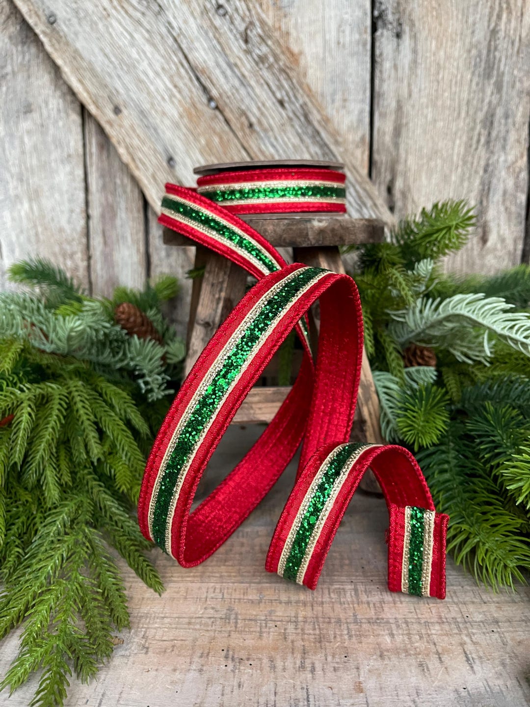 1" Red Green Gold Ribbon, Christmas Ribbon, Green Red Ribbon, Emerald ...