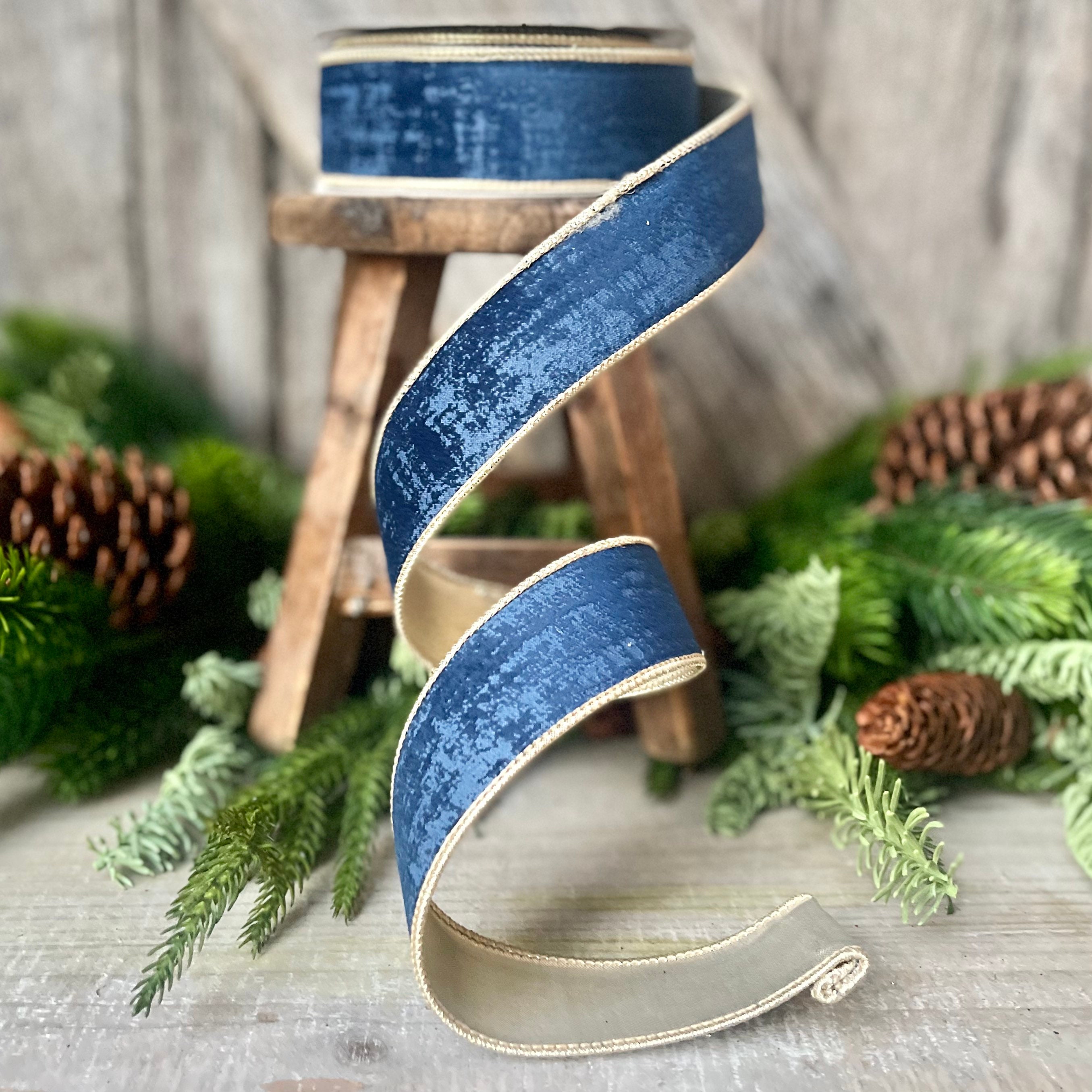1.5 Dusty Blue Textured Velvet Ribbon, Wired Velvet Ribbon, Christmas ...