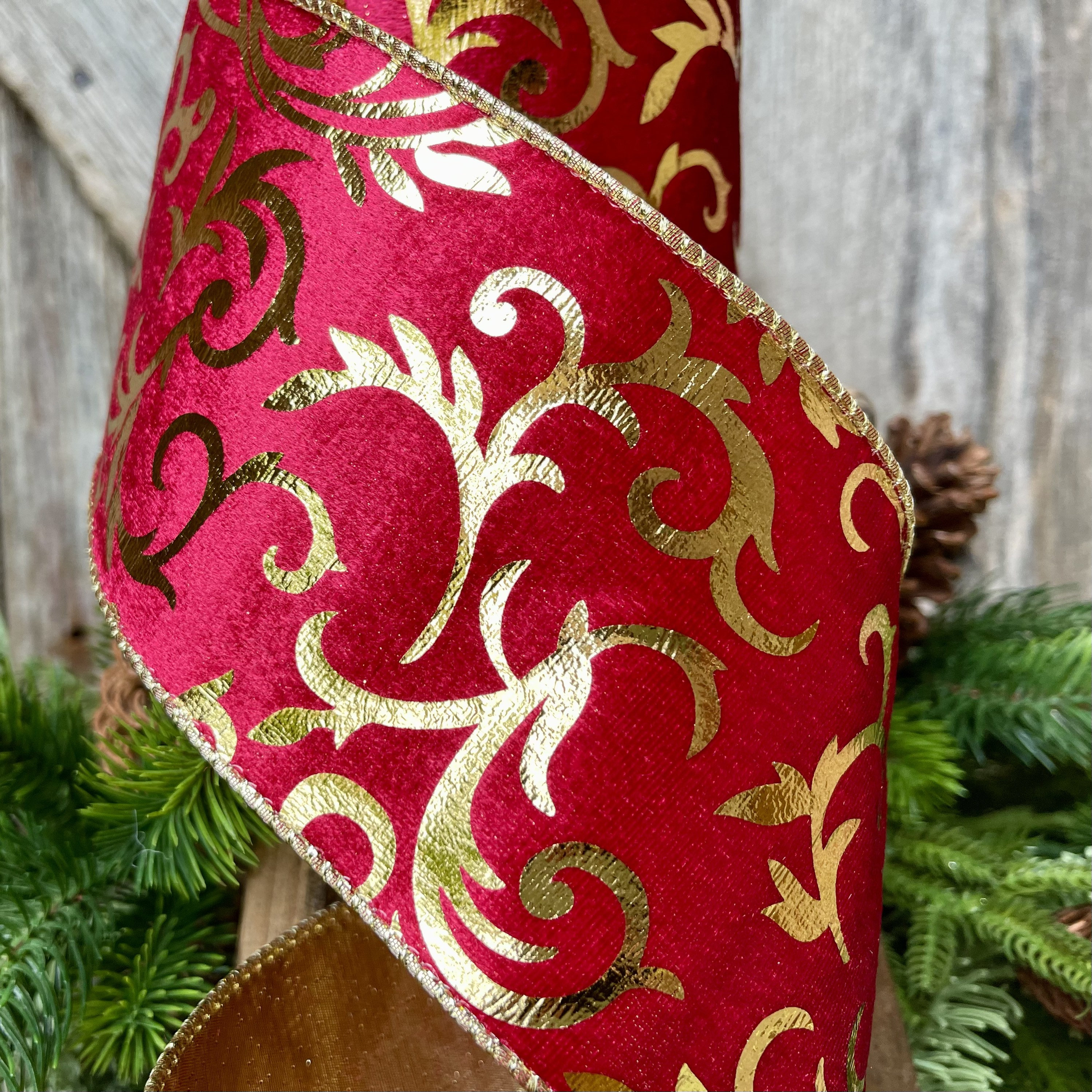 10 yards, Red Scarlet Metallic Gold Scroll Christmas Ribbon, Wired ...
