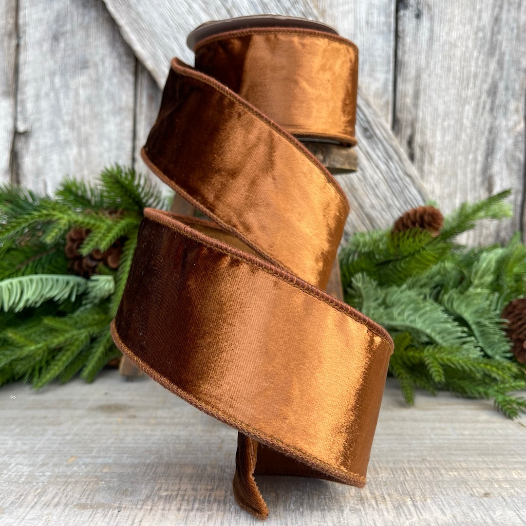 2.5” Bronze Wired Velvet Ribbon, Wired Ribbon, Woodsy Ribbon, Christmas ...
