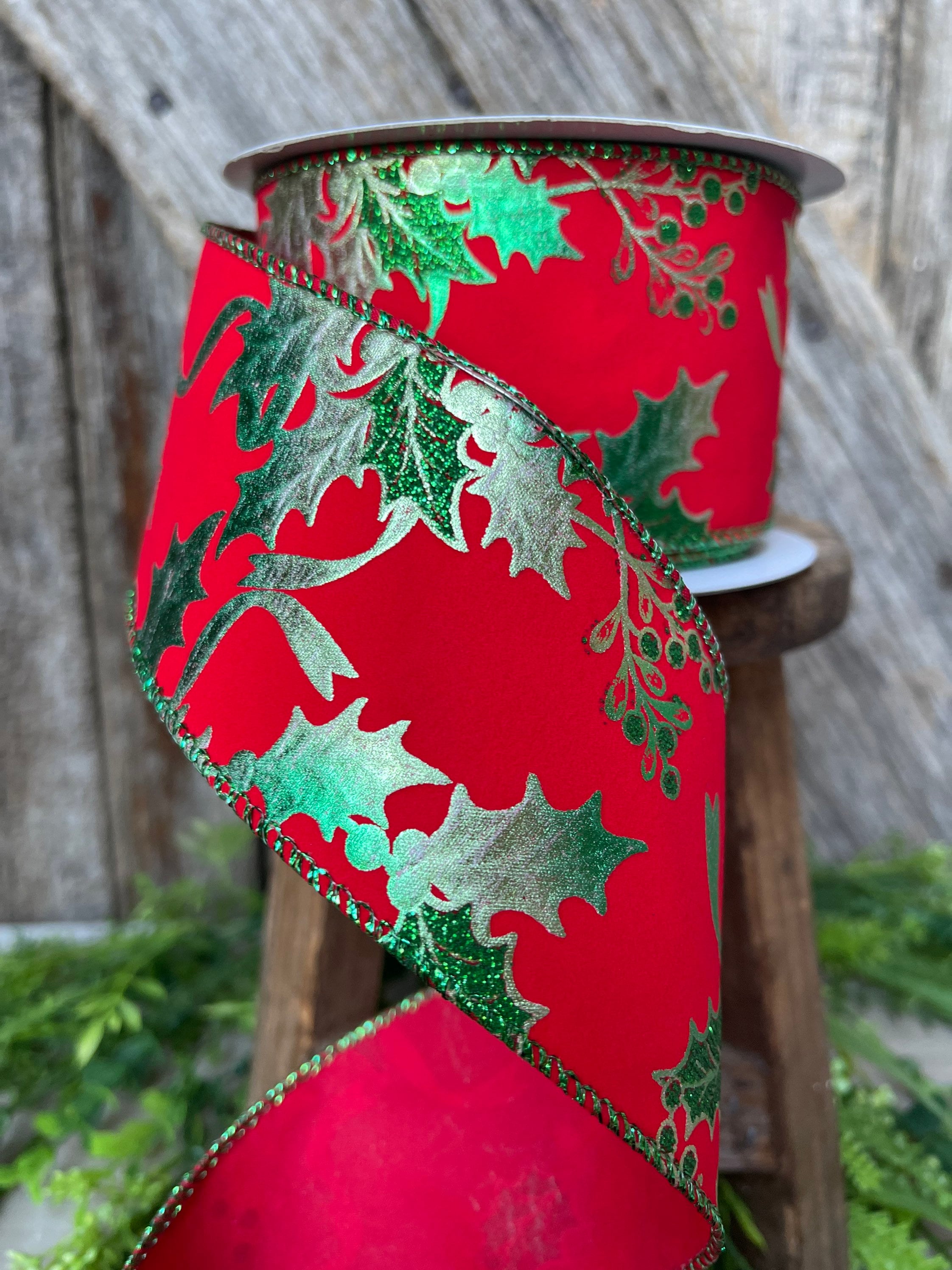 10 yards, Christmas Ribbon, Holly Ribbon, Christmas Wired Ribbon, red ...