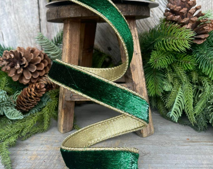 1 Emerald and Gold Velvet Sheen Ribbon, Green Velvet Ribbon, Wired ...