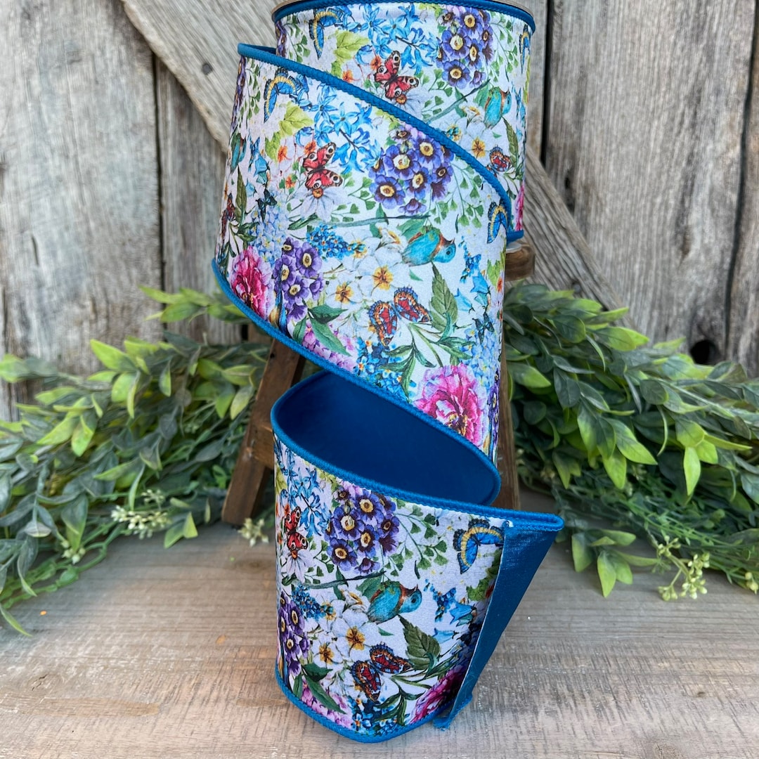4" Blue Floral Garden Ribbon, Farrisilk Ribbon, Spring Ribbon, Summer ...