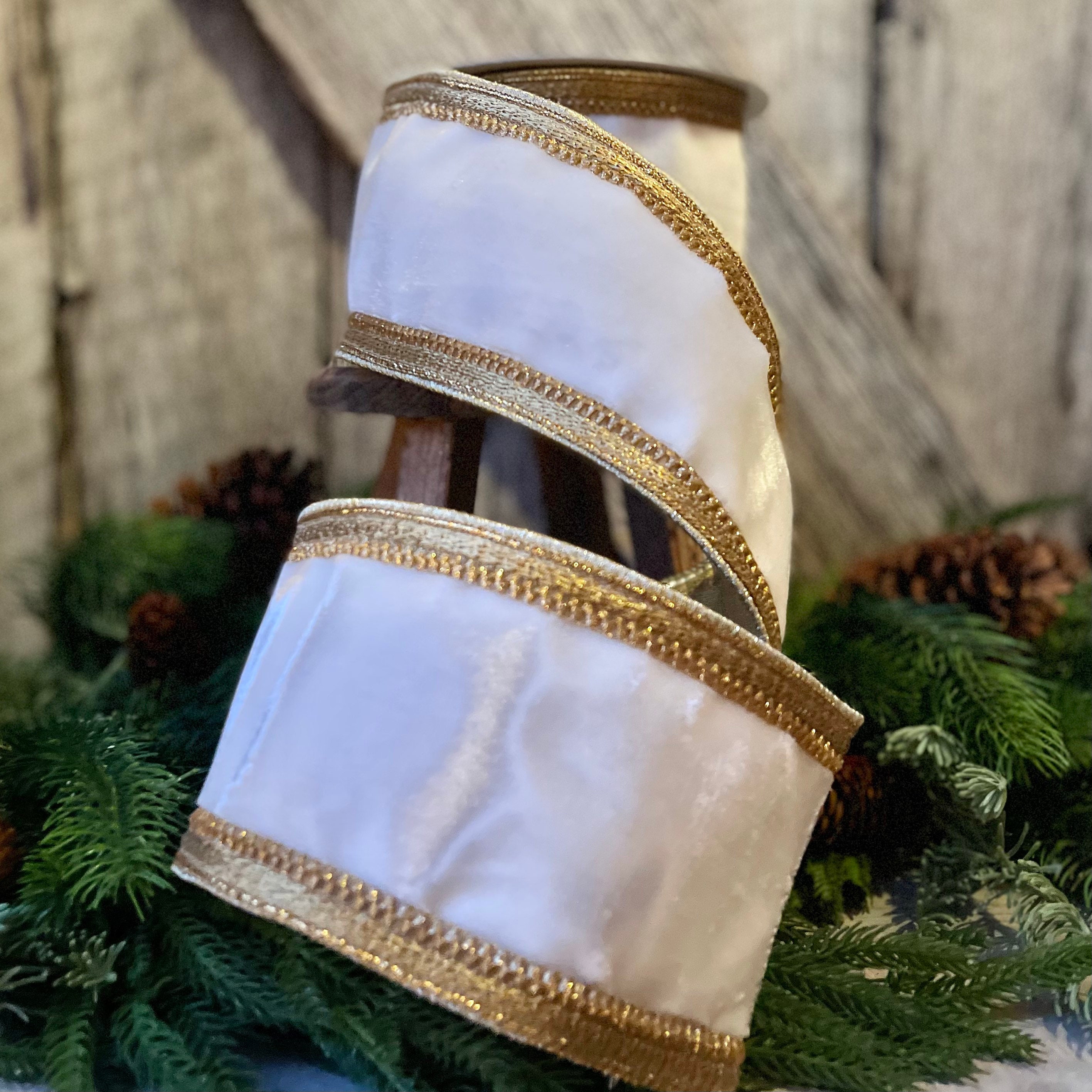 4 Ivory and Gold Ribbon, Christmas Ribbon, Christmas Tree Ribbon ...