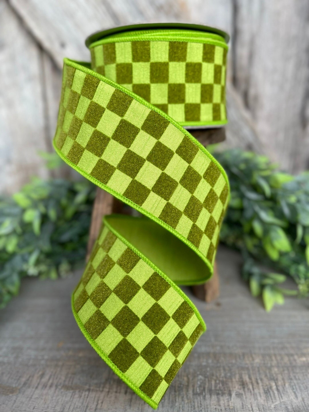 2.5 Lime Green Retro Checks Ribbon, Farrisilk Ribbon, Flocked Ribbon ...