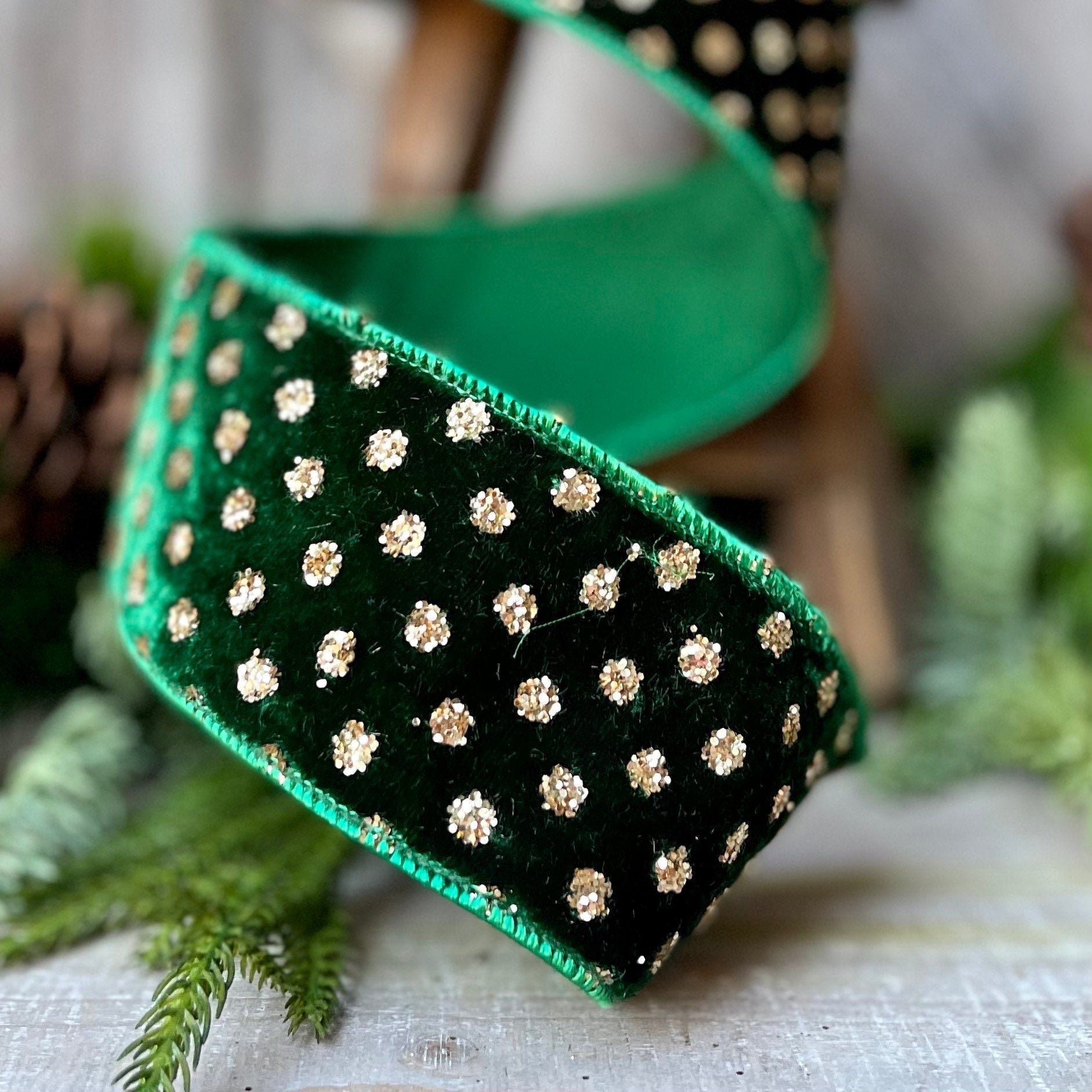 2.5 Emerald and Gold Dot Velvet, Christmas Tree Ribbon, Green Velvet ...
