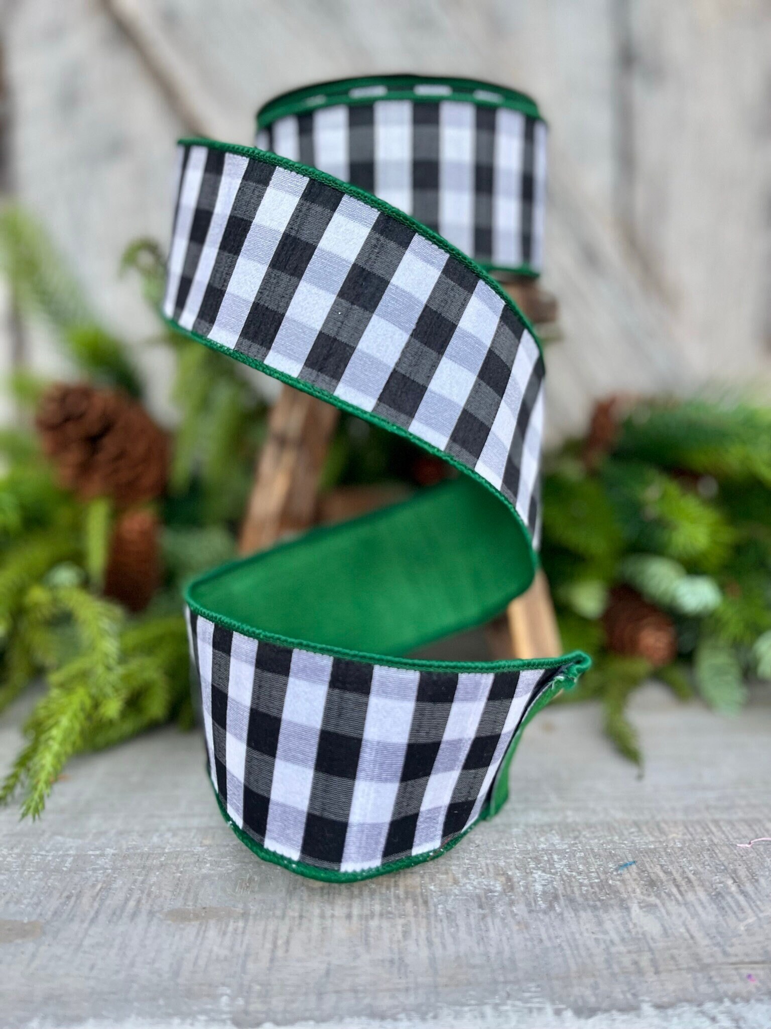 2.5 Emerald Green Black and White Check Ribbon, Farrisilk Ribbon, WIred ...