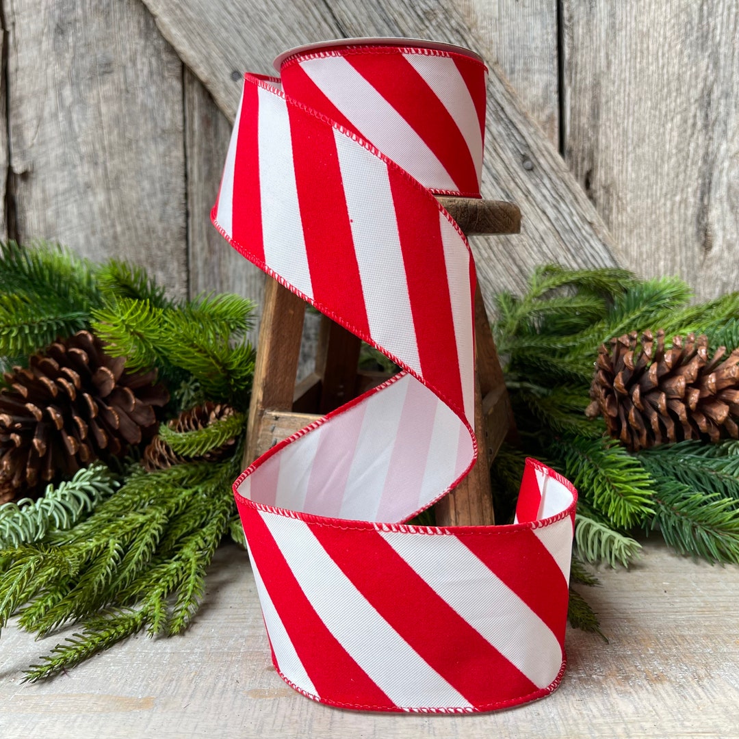 Red & White Diagonal Stripe Christmas Ribbon - 2.5" X 10 Yards - Wired ...
