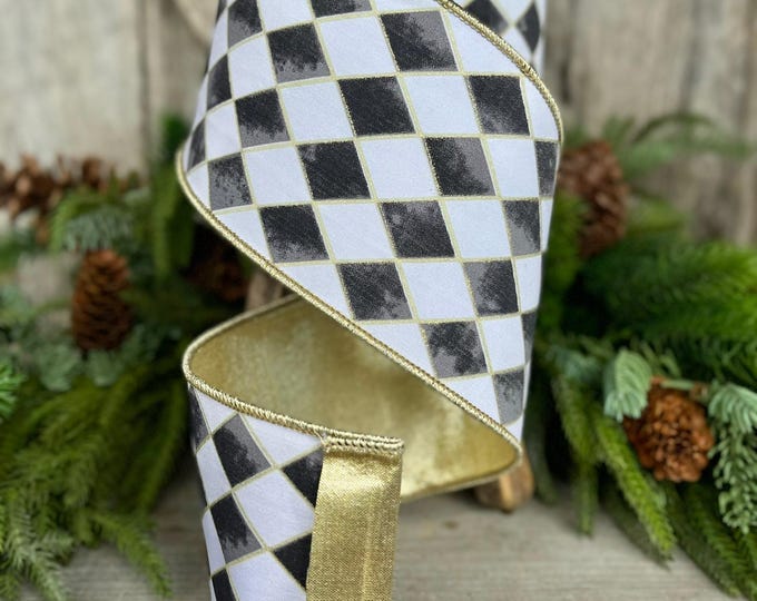 4" Harlequin Ribbon, Black and White Jester Ribbon, Harlequin Ribbon ...