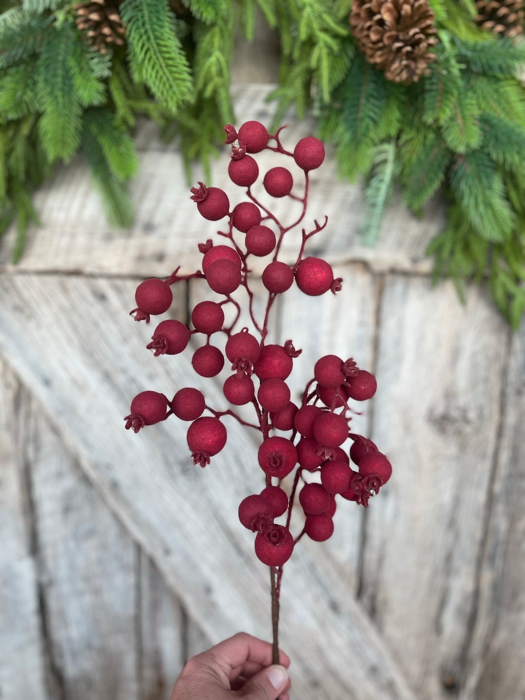 28" Red Flocked Berry Spray, Fall Berry Spray, Christmas Berry Spray ...