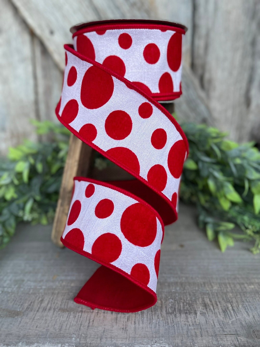 2.5" Red White Retro Dot, Farrisilk Ribbon, Flocked Ribbon, Spring ...