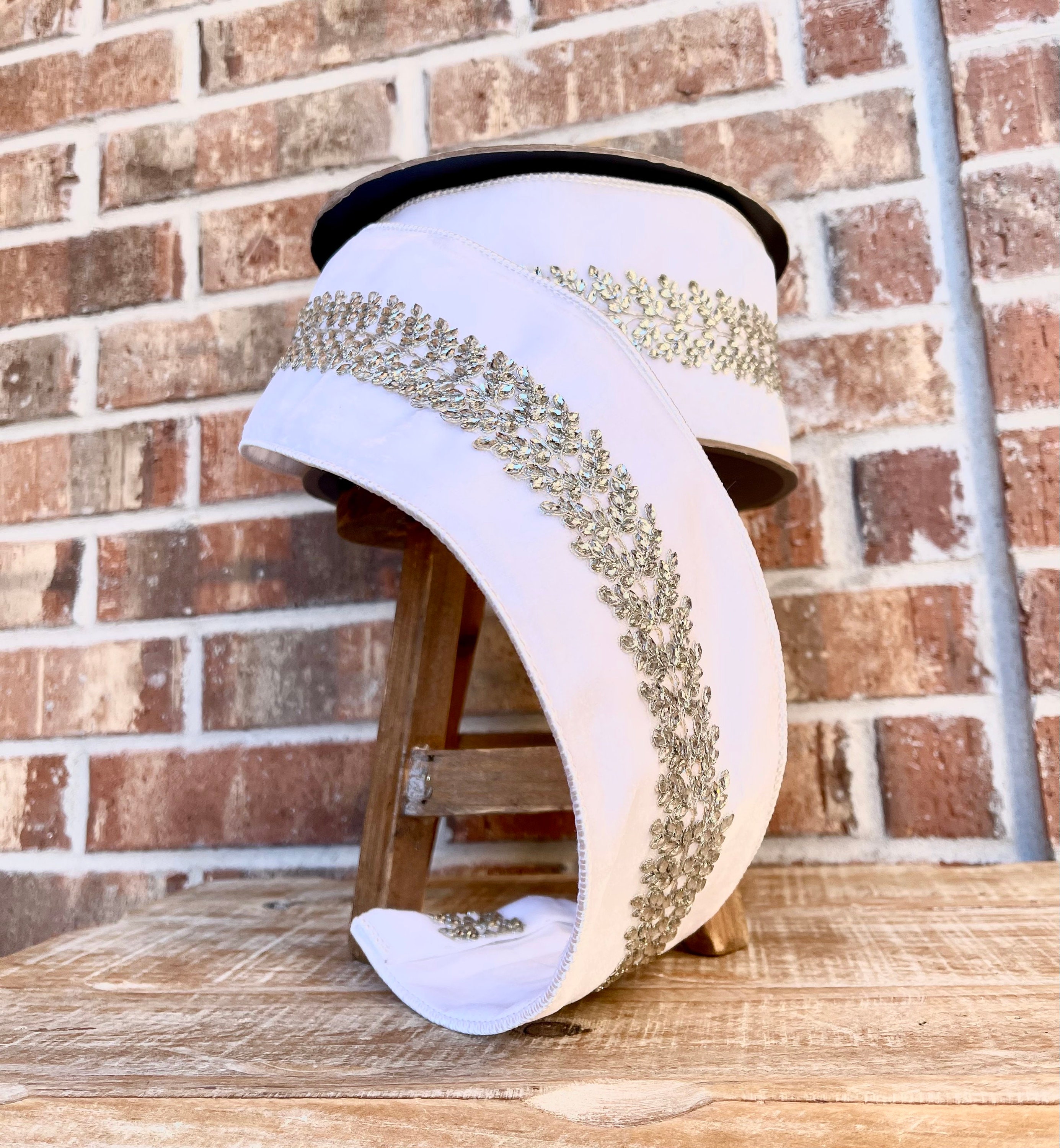 D Stevens ribbon, velvet jeweled ribbon, white ribbon, 4 inch ribbon ...