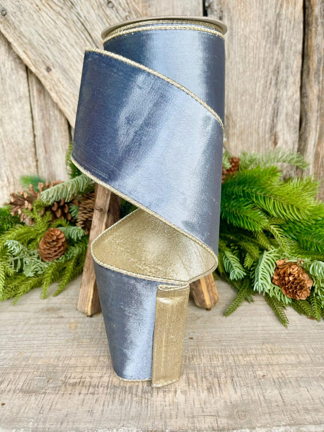 4 Steel Blue Satin Velvet Ribbon, Farrisilk Ribbon, Steel Blue Ribbon ...