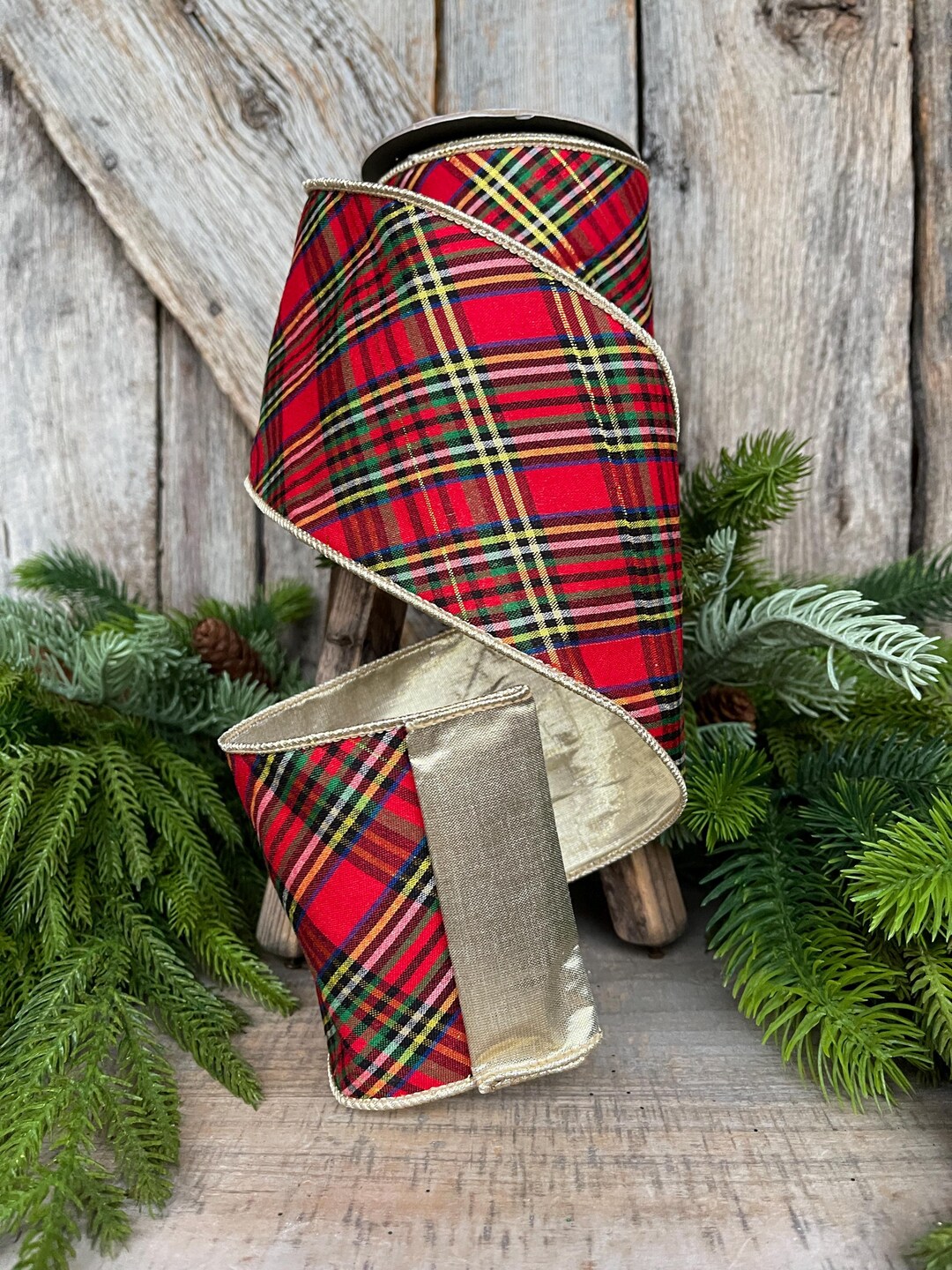 4" Traditional Christmas Plaid, Wired Ribbon, Red Blue Chirstmas Plaid Ribbon, Ribbon for Treee ...